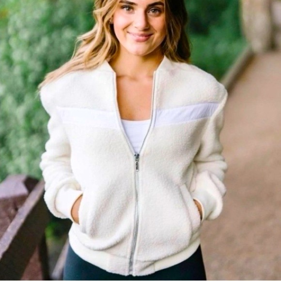 ZYIA | Jackets & Coats | Zyia White Flying V Sherpa Bomber Jacket ...